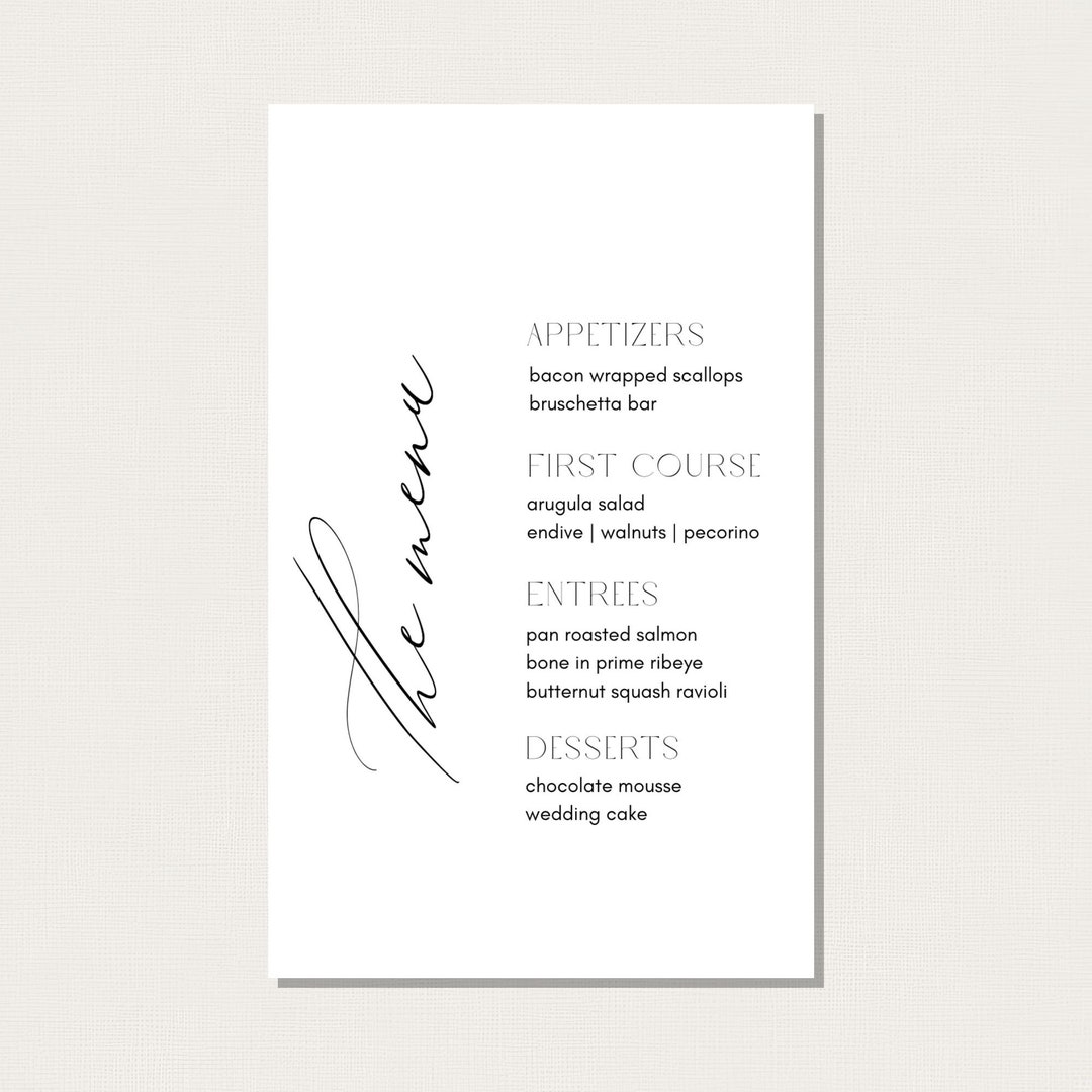 Reception Dinner Menu Editable Wedding Template Modern Script Design - Etsy
