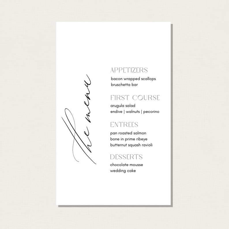 Reception Dinner Menu Editable Wedding Template Modern Script Design - Etsy