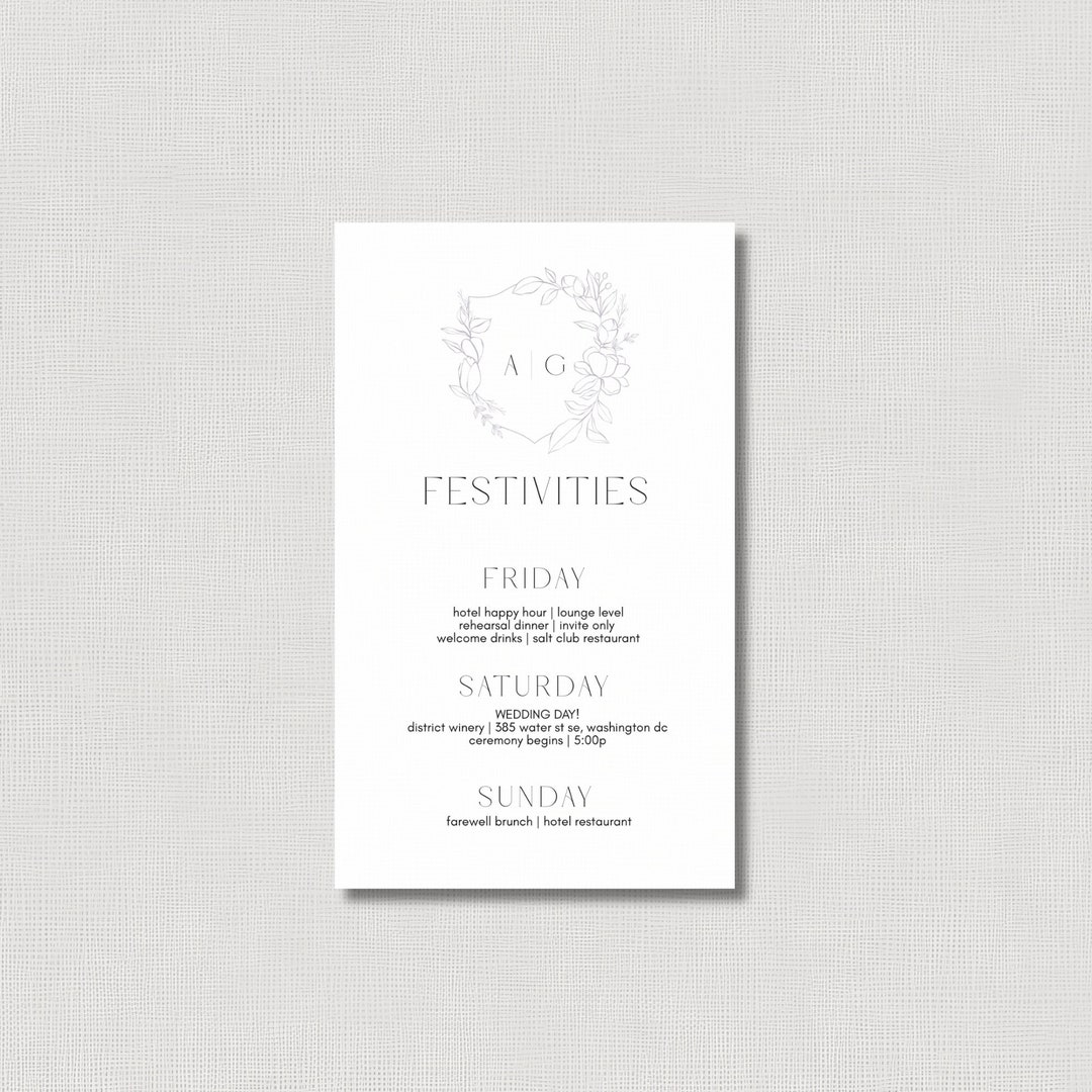 Welcome Bag Insert Card Wedding Festivities Details Floral Crest ...