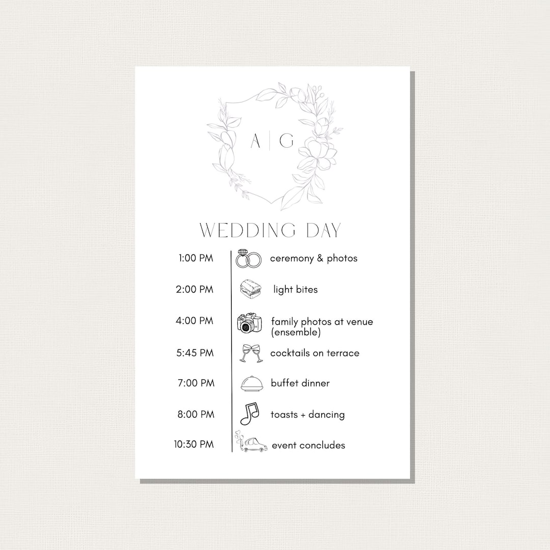 Wedding Day Itinerary | Editable Template | Timeless Floral Crest ...