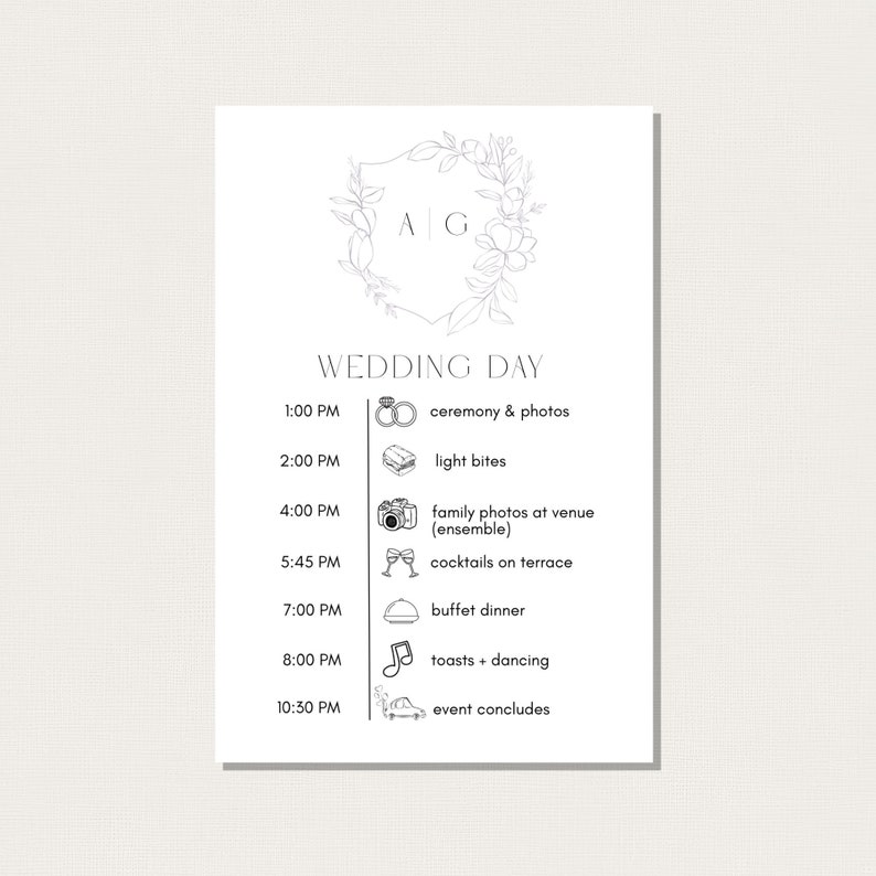 Wedding Day Itinerary | Editable Template | Timeless Floral Crest ...