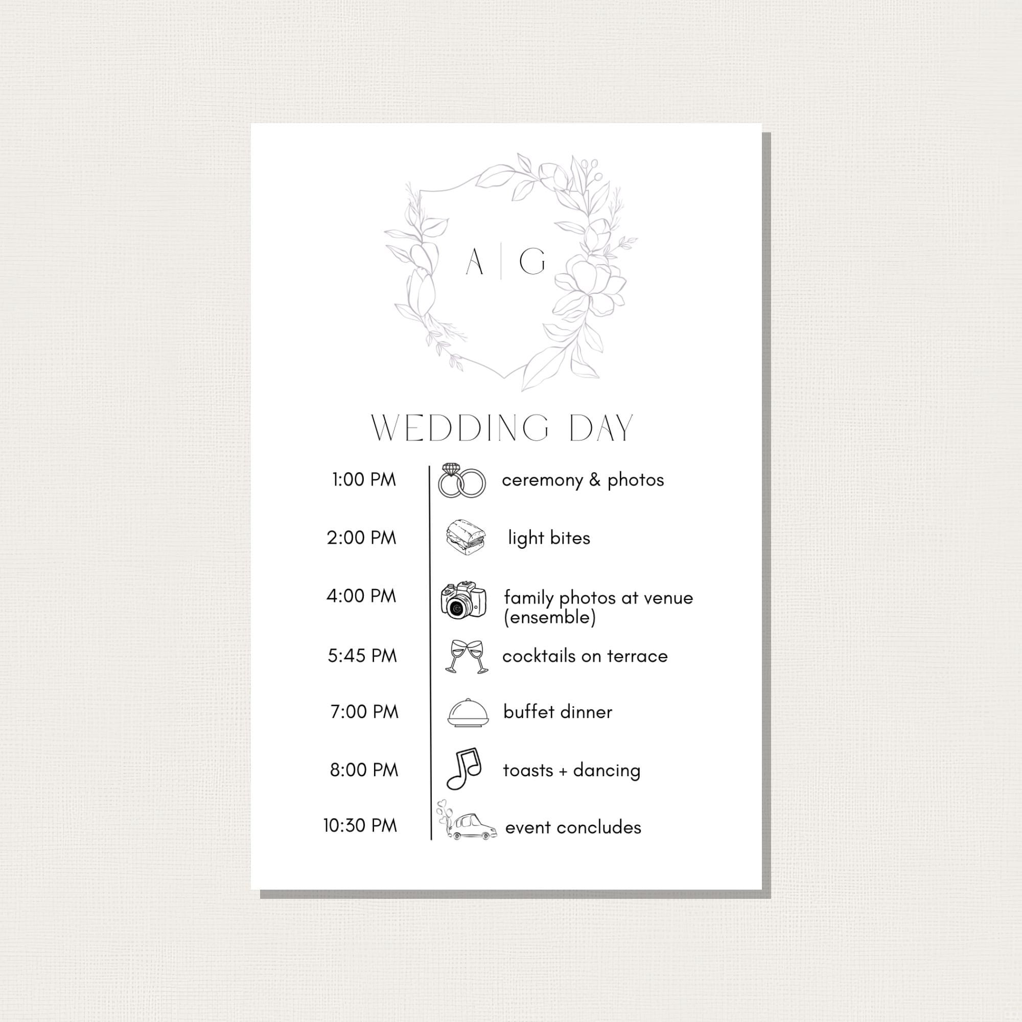 Wedding Day Itinerary | Editable Template | Timeless Floral Crest ...
