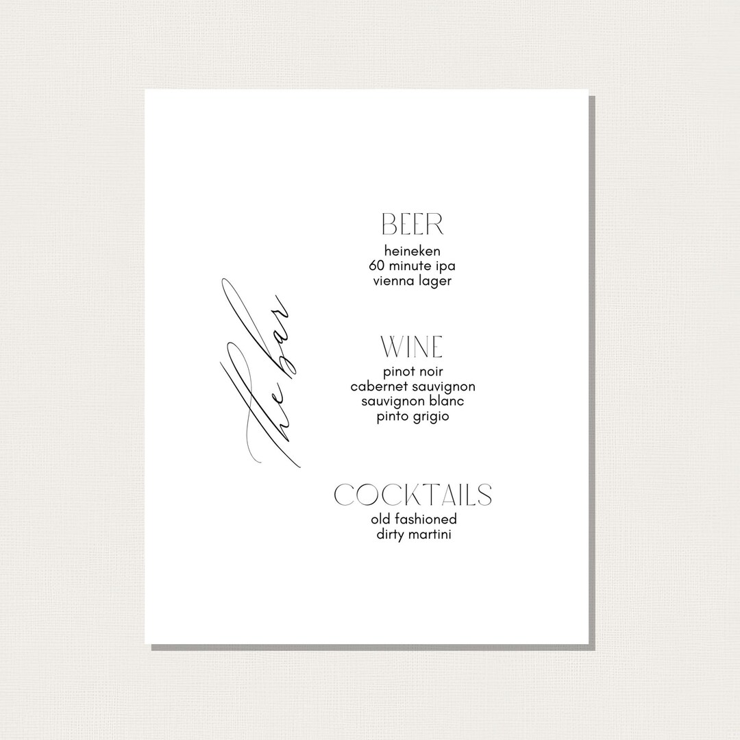 Wedding Bar Sign | DIY Editable Template | Modern Script Design - Etsy