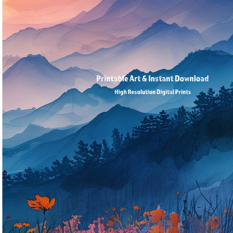 Misty Mountain Sunrise Triptych Art, Watercolor and Textured Print Set ...