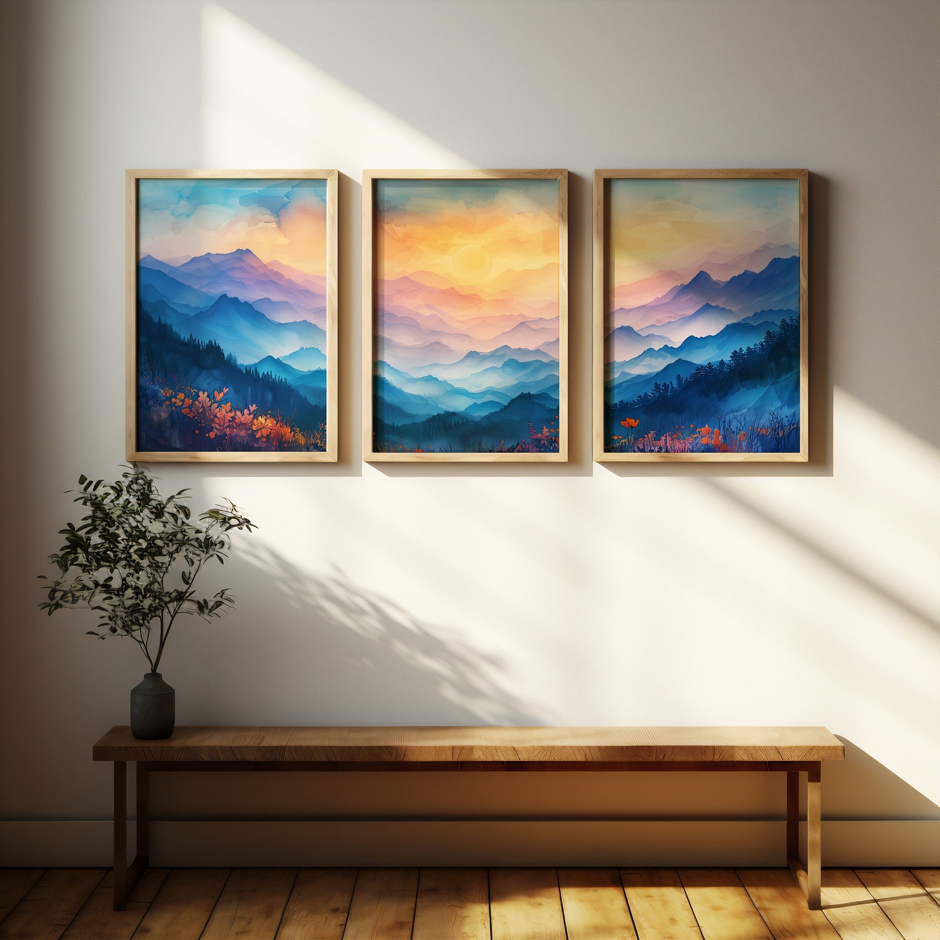 Misty Mountain Sunrise Triptych Art, Watercolor and Textured Print Set ...