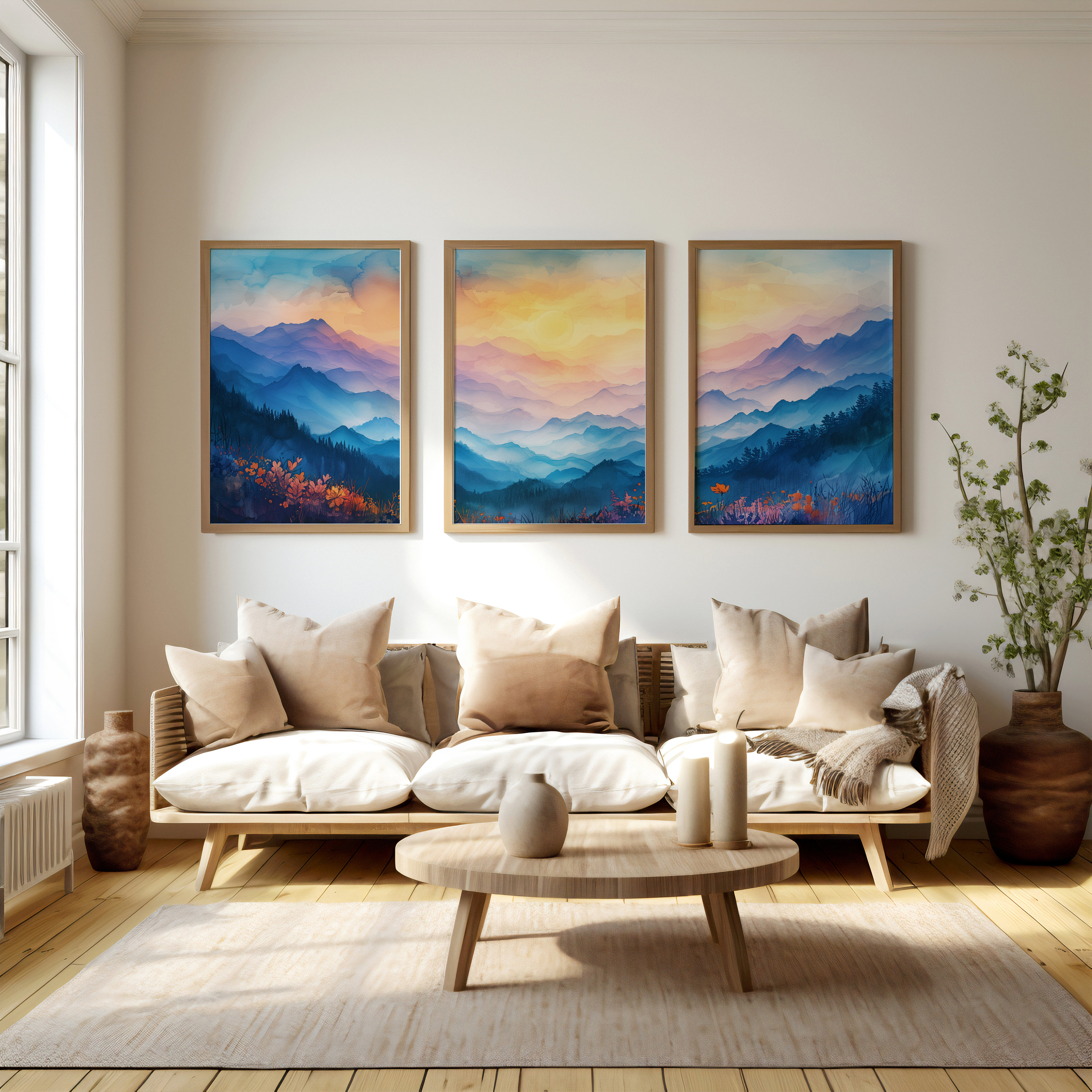 Misty Mountain Sunrise Triptych Art, Watercolor and Textured Print Set ...
