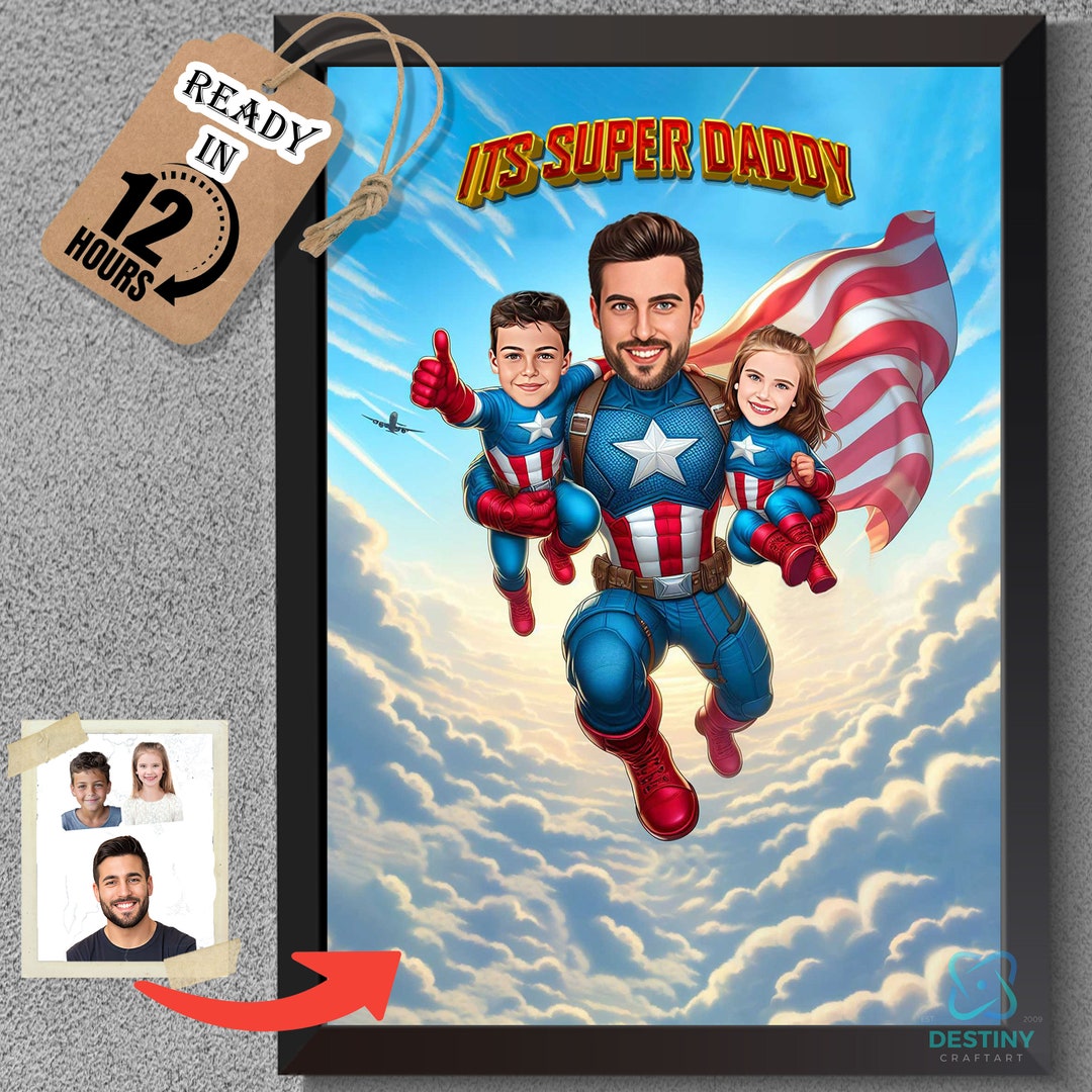 Custom Captain America Caricature Portrait, Dad and Son Superhero ...