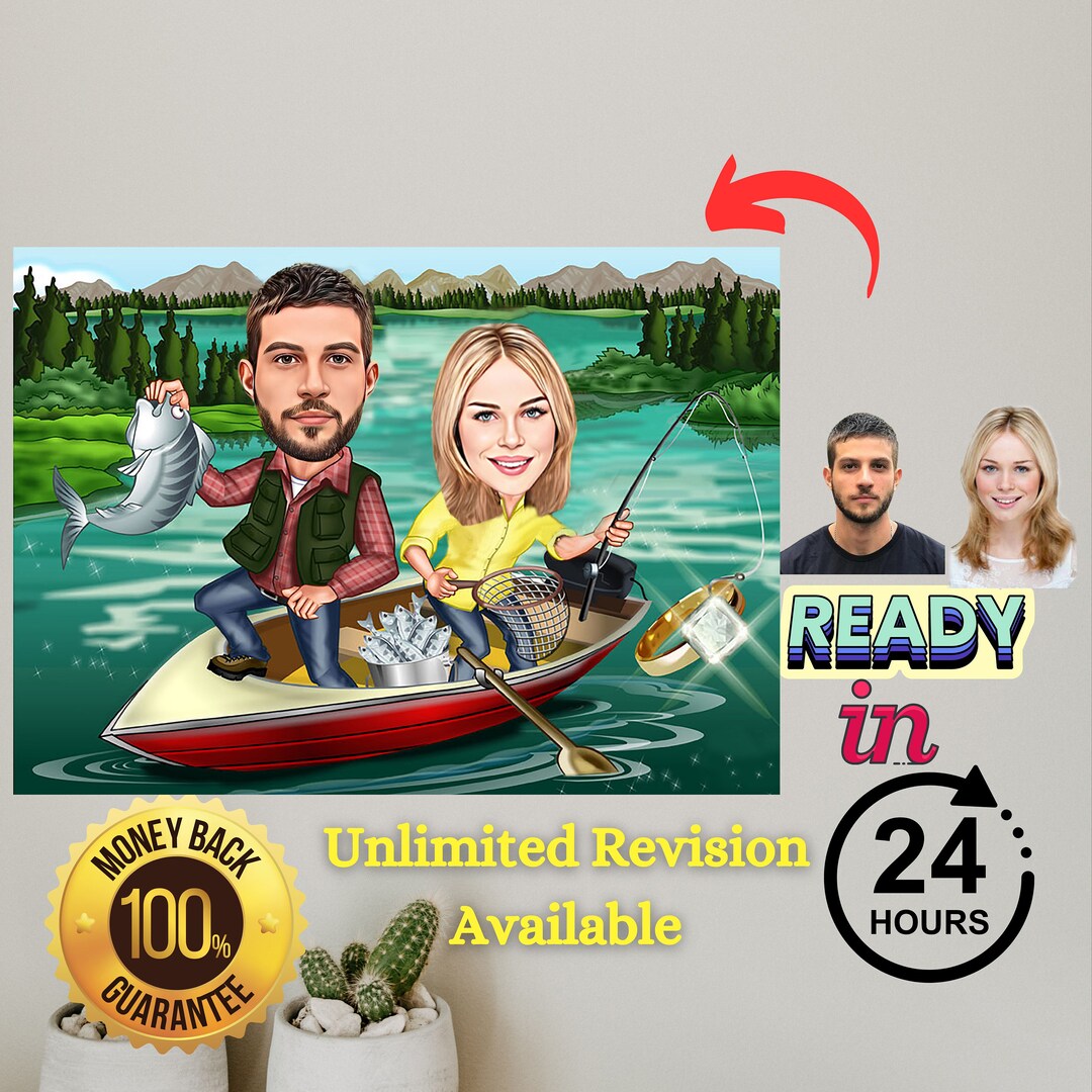 Custom Fishing Couple Cartoon Portrait, Gift for Fisher, Fisherman ...