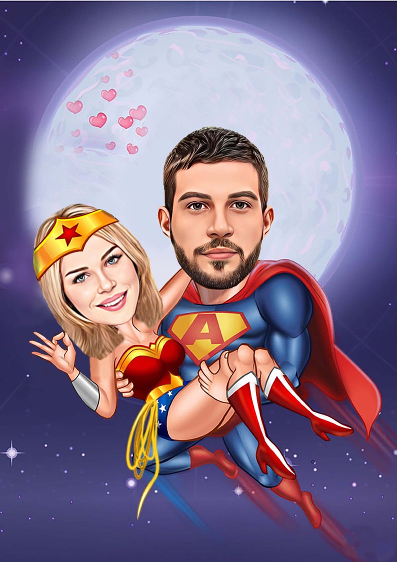 Custom Couple Superhero Couple Cartoon Portrait,superhero Portrait,gift ...