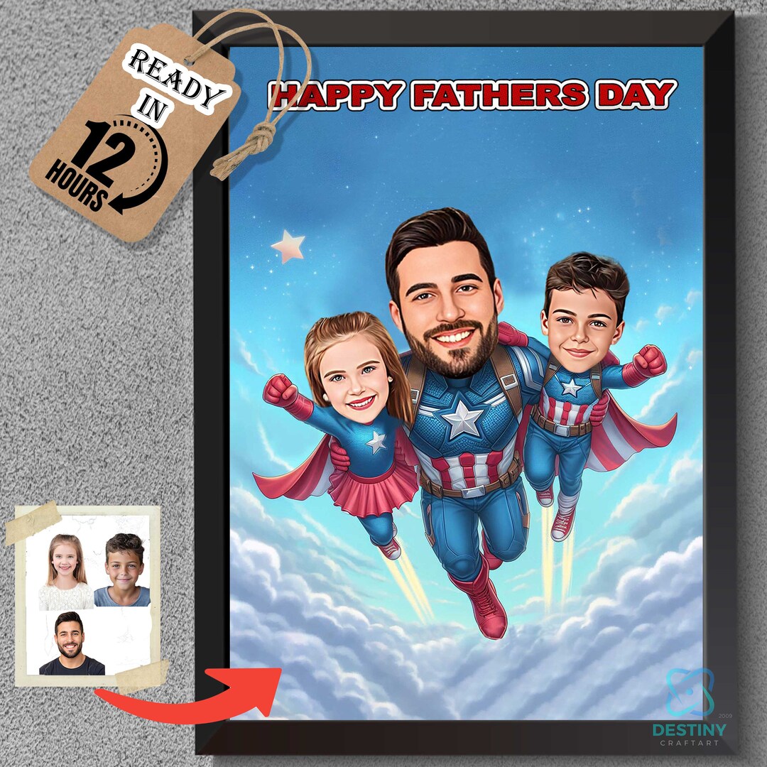 Custom Captain America Dad and Son,daughter Superhero Cartoon Portrait ...