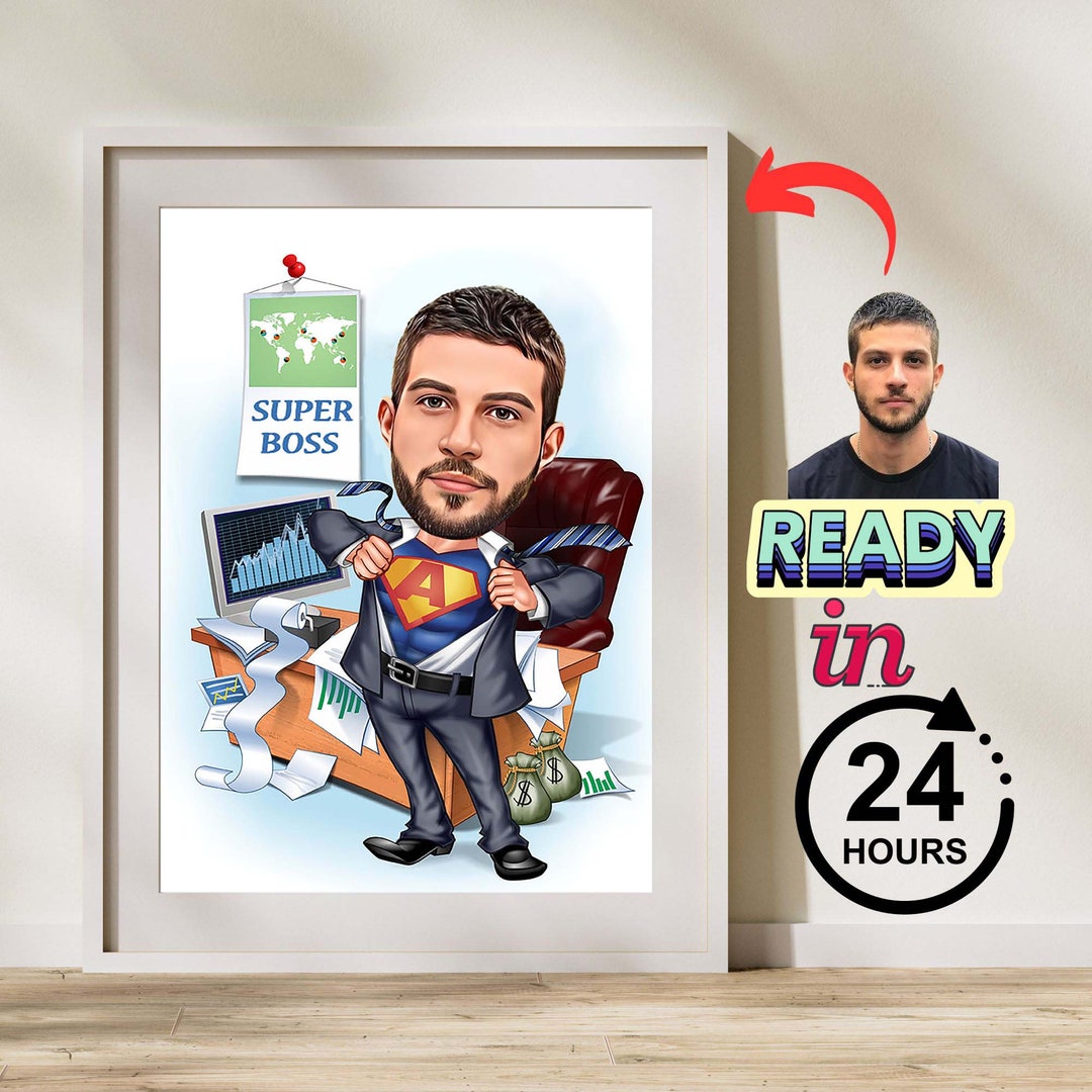 Custom Super Boss Cartoon Portrait, Super Boss Caricature, Gift for ...