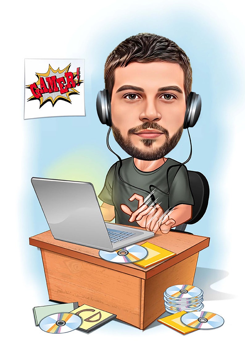 Personalized Gamer Caricature Drawing, Cartoon From Photo, Custom ...