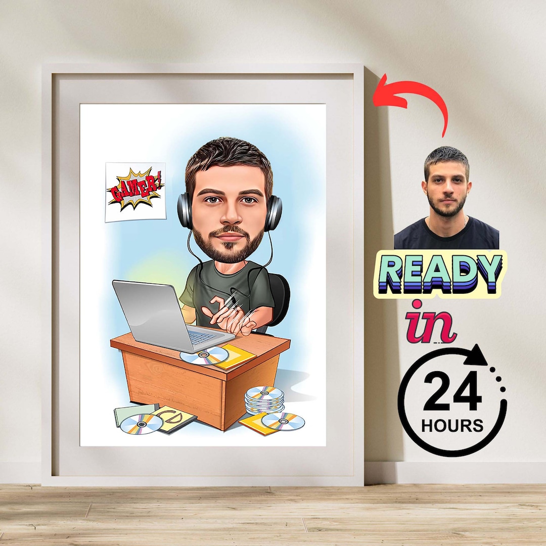 Personalized Gamer Caricature Drawing, Cartoon From Photo, Custom ...