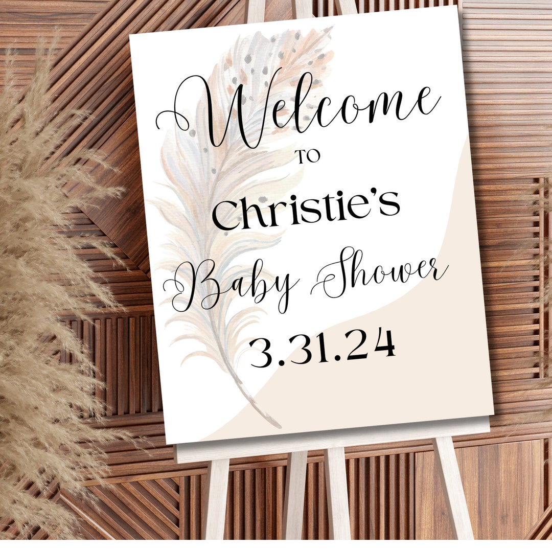 Welcome Baby Shower Sign, Boho Baby Shower Sign, Editable Feathers Boho ...