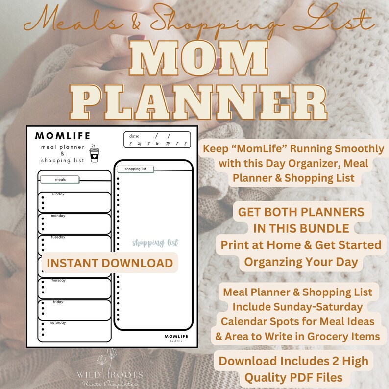 Modern Mom Daily Planner, Meal Planner & Grocery List Printable Instant ...