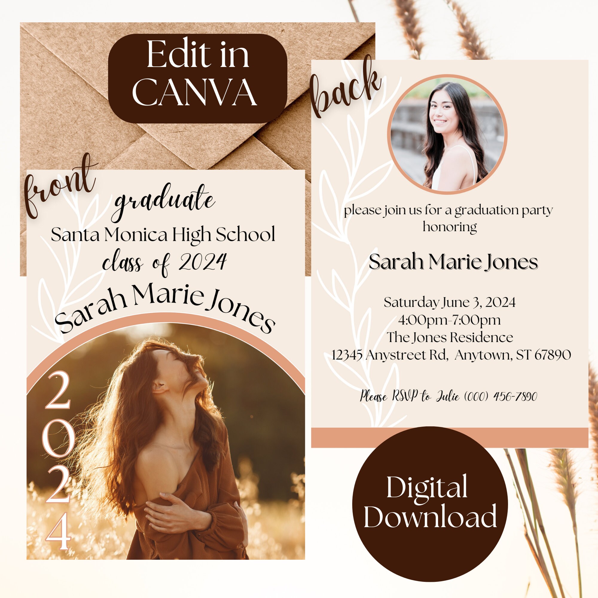 Modern Boho Graduation Invitation Template, Terracotta Wildflowers ...