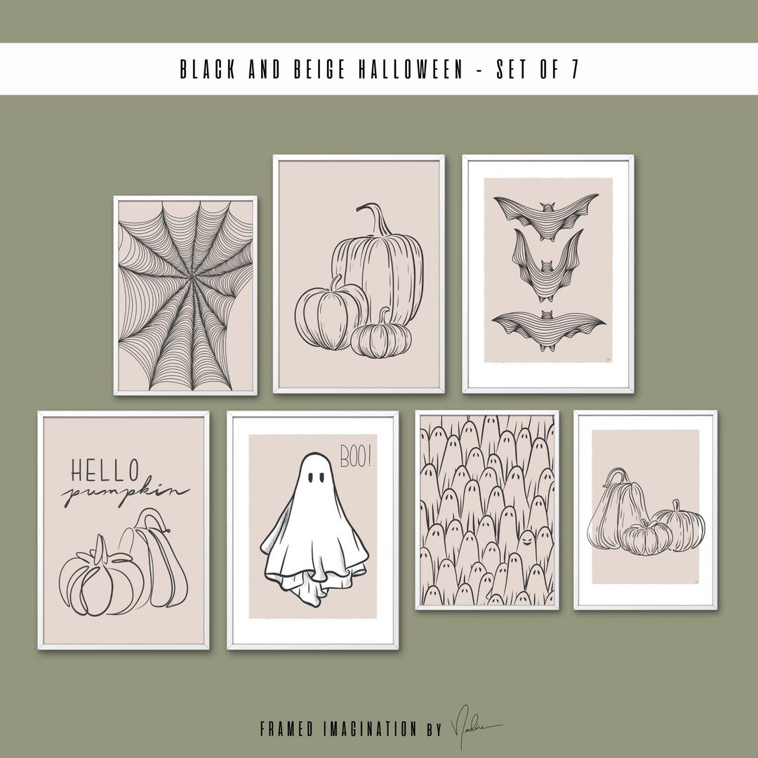 Black and Beige Halloween Prints: Ghost, Pumpkin, Spiderweb (digital ...