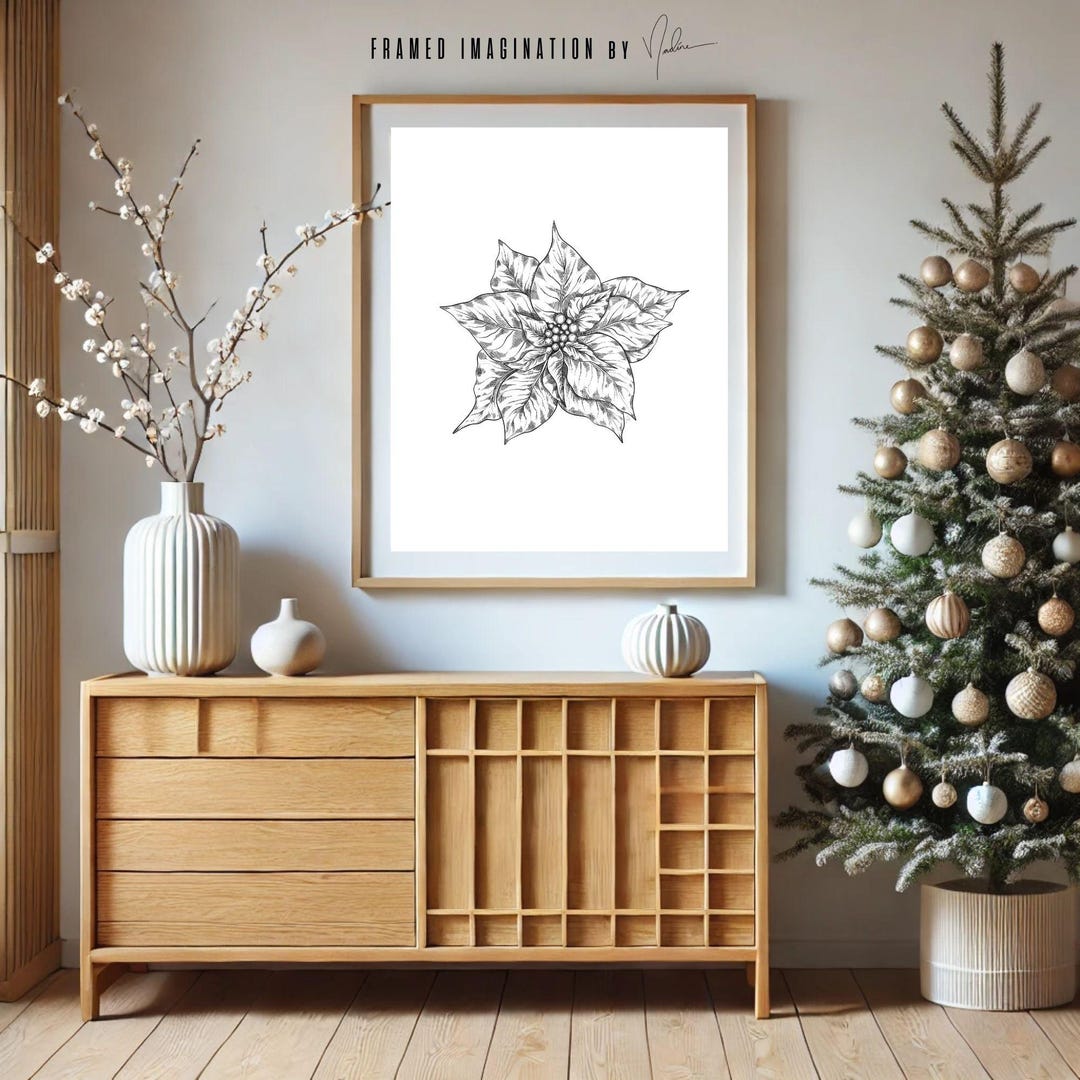 Minimalist Christmas Wall Artwork - Xmas Poinsettia Art - Black & White ...