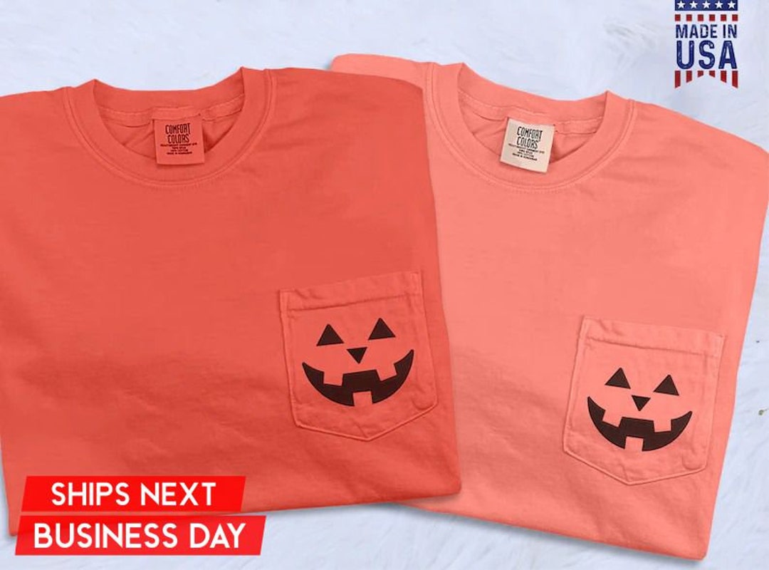 Embroidered Jack-o-lantern Face Shirt, Halloween Pumpkin Fall Pocket T ...
