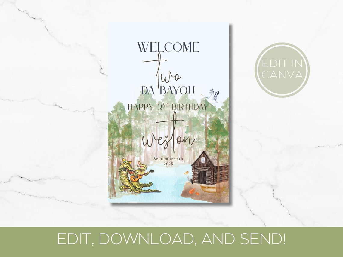 Two Da Bayou Birthday Welcome Sign: Watercolor Alligator, Printable ...
