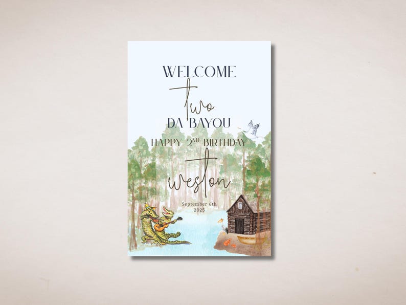 Two Da Bayou Birthday Welcome Sign: Watercolor Alligator, Printable ...
