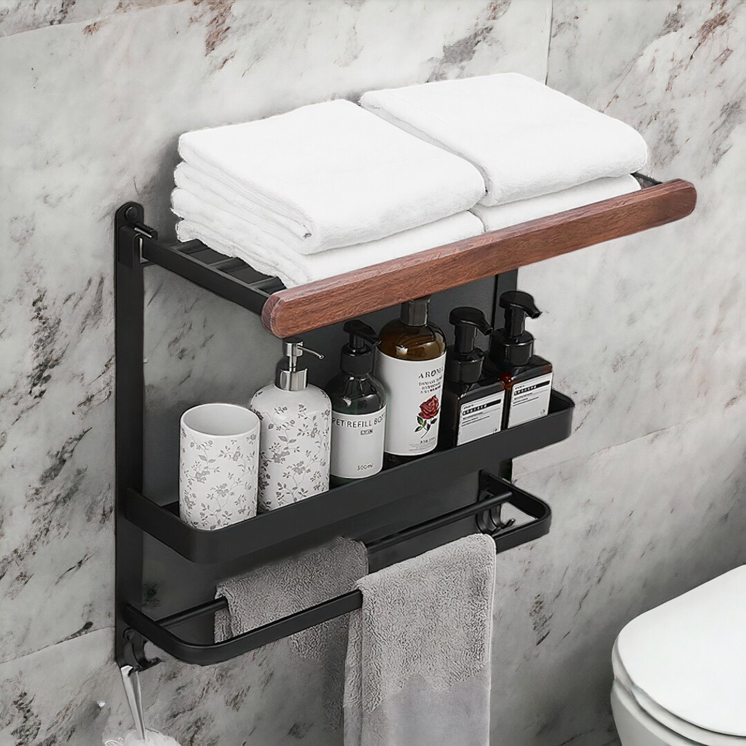 Matte Black Towel Rack With 2 Shelves and Towel Hanger Modern Towel ...