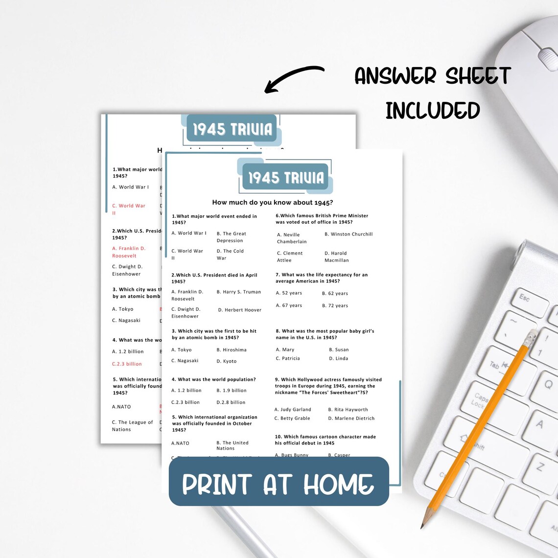 1945 Trivia Game Printable 80th Birthday Party Activity Fun Facts Quiz ...