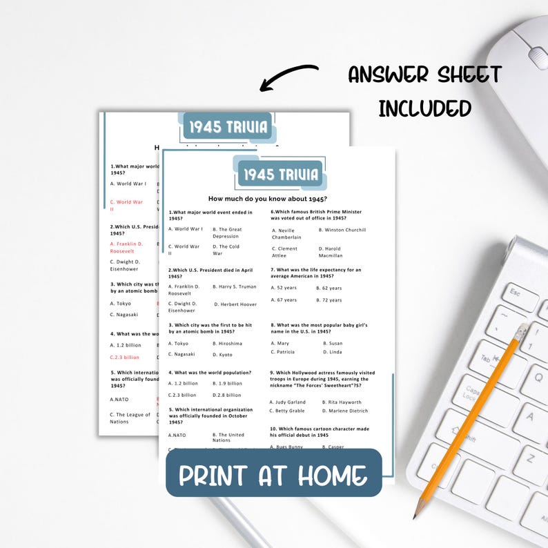 1945 Trivia Game Printable 80th Birthday Party Activity Fun Facts Quiz ...