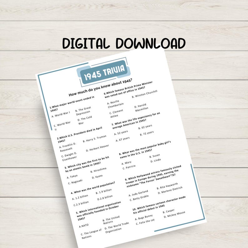 1945 Trivia Game Printable 80th Birthday Party Activity Fun Facts Quiz ...