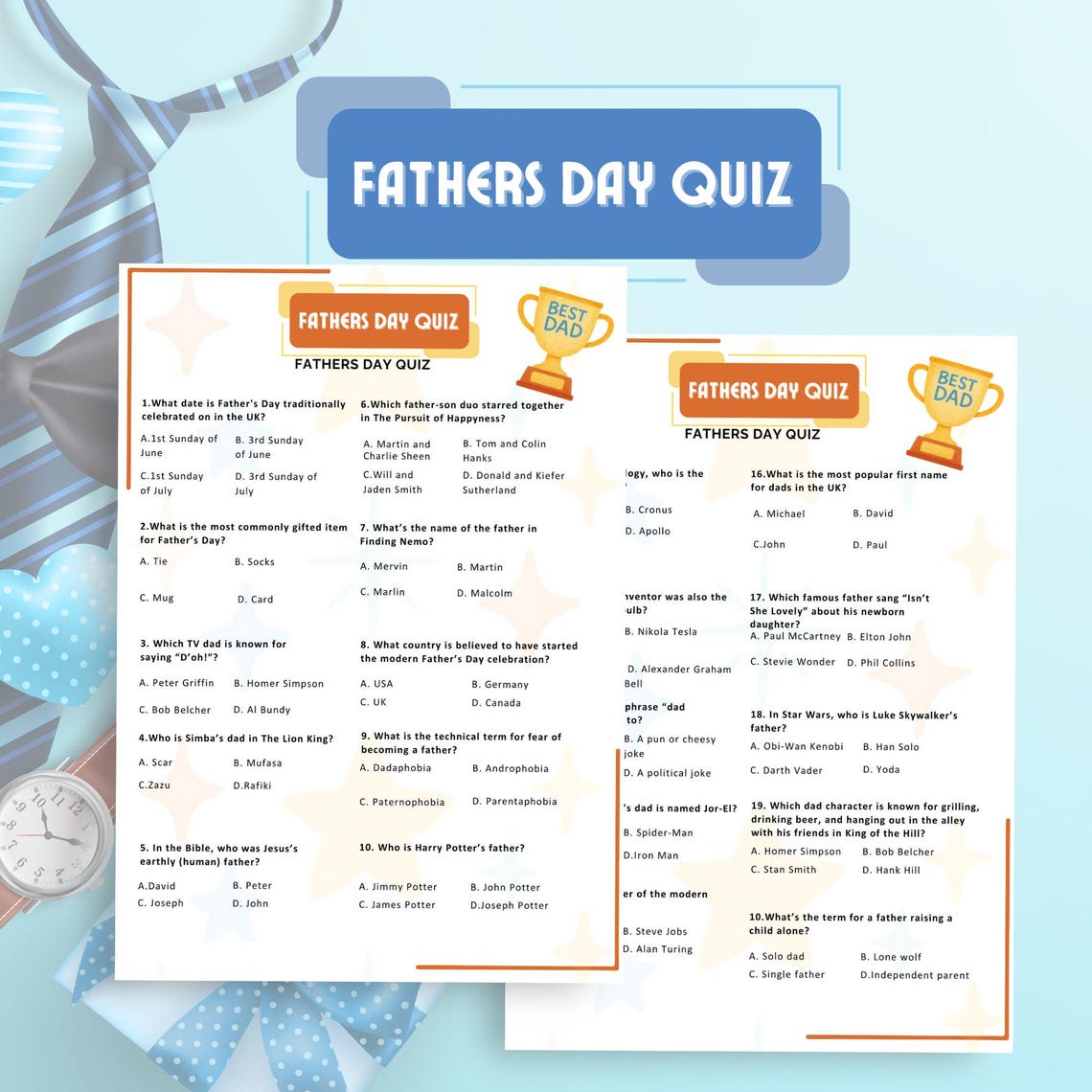 Father Day Trivia Game Printable Fun Dad Quiz Game Party Activity Fun ...