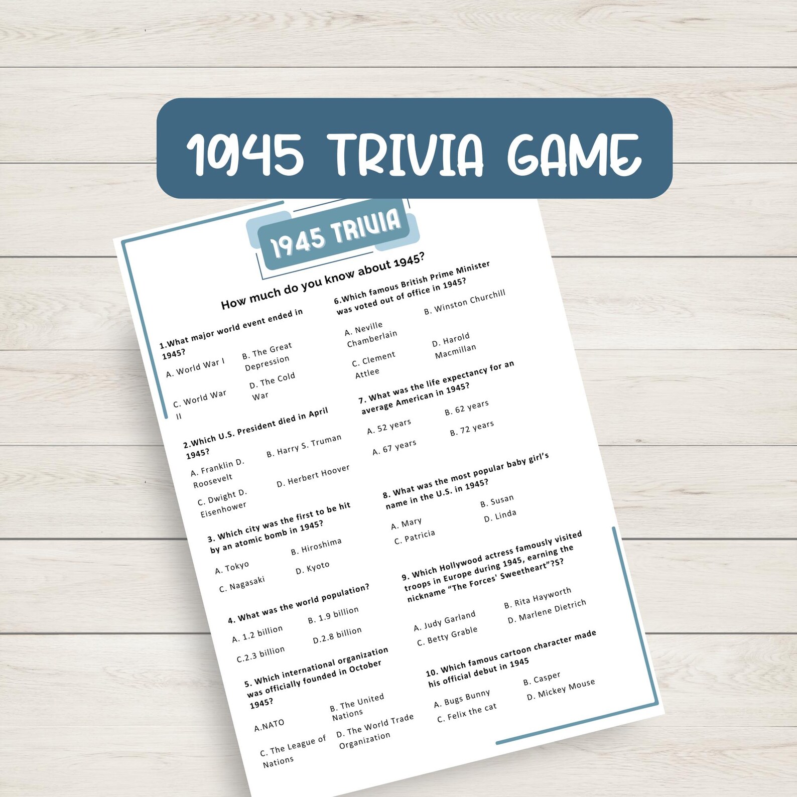 1945 Trivia Game Printable 80th Birthday Party Activity Fun Facts Quiz Instant Download Digital ...