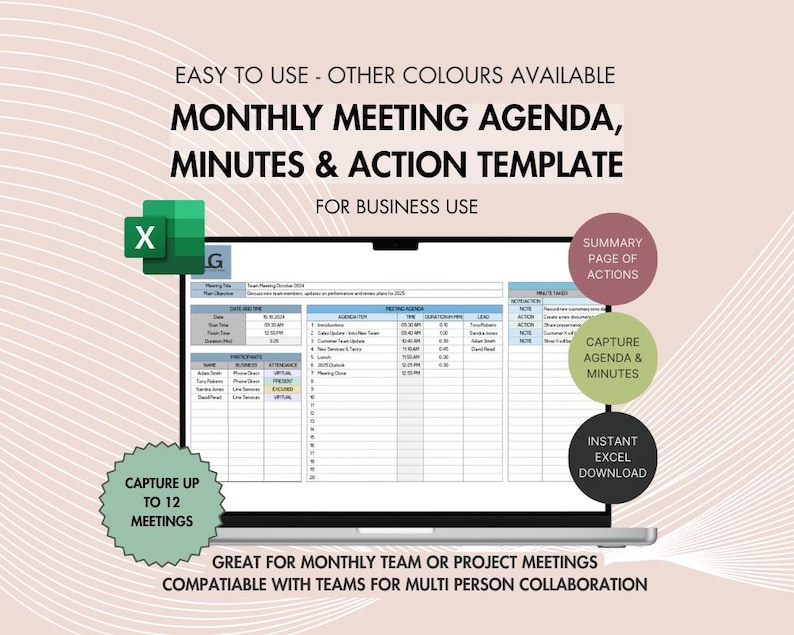 Monthly Team or Project Meeting Template | Agenda, Minutes & Actions ...