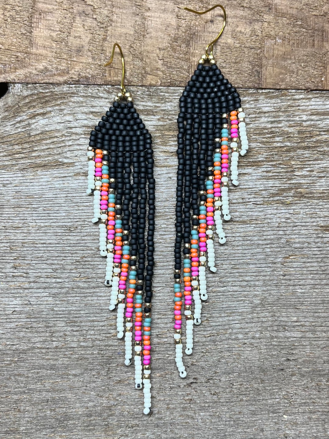 Beaded Fringe Earrings From 'wing Collection. Color: Black/teal/hot ...
