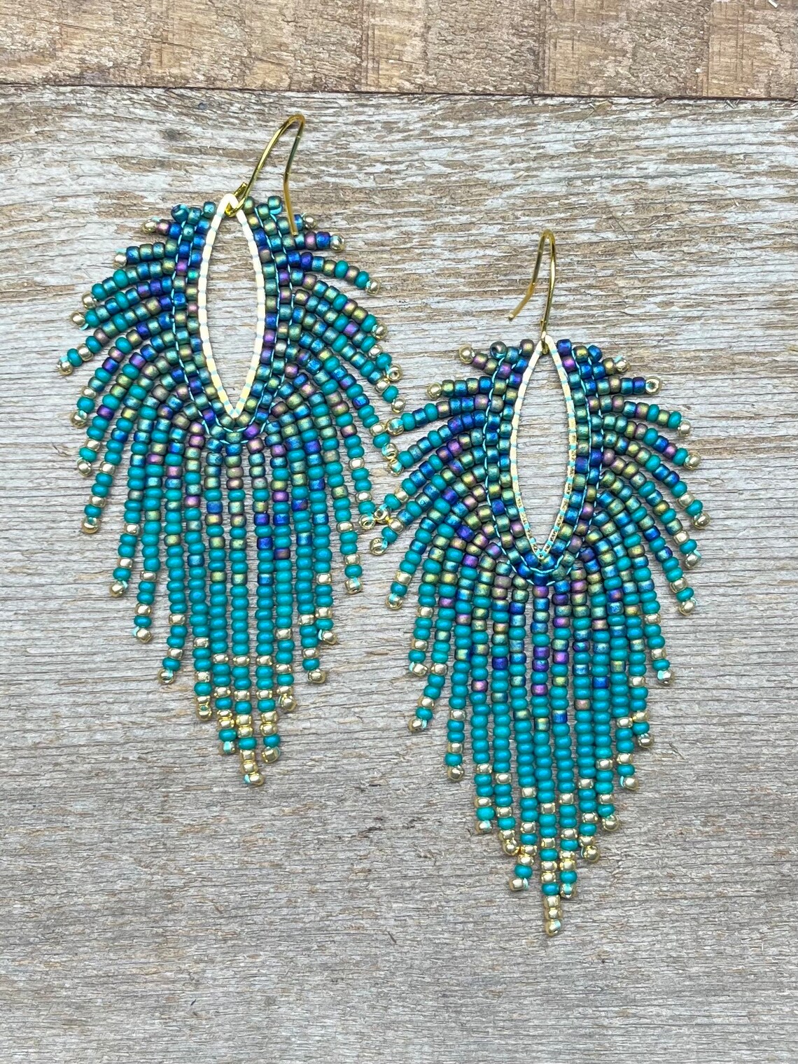 Beaded Fringe Earrings With Center Eye. Color: Metallic Blend, Teal ...