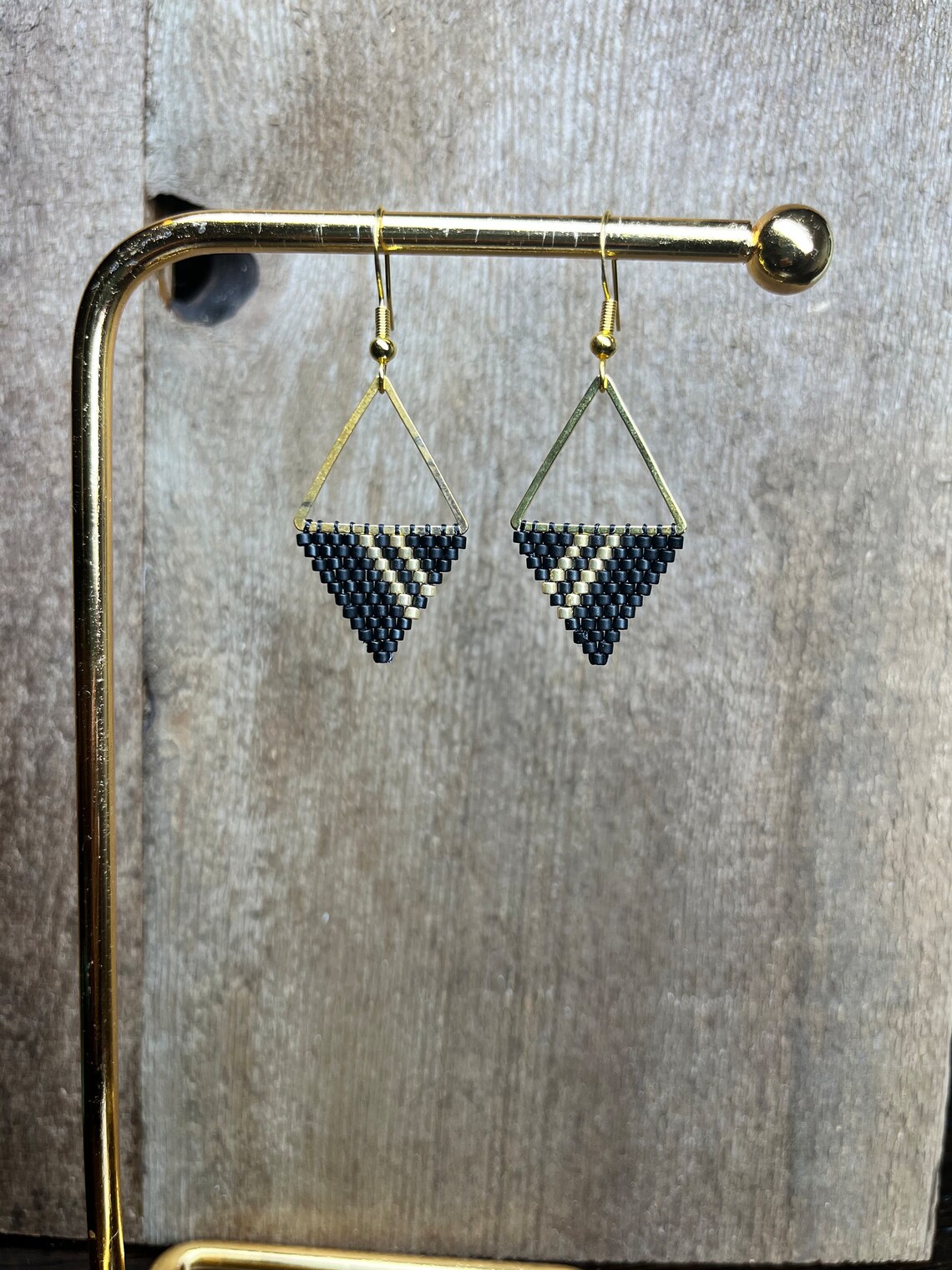 Beaded Triangle Earrings. Color: Black,gold Handmade in the USA - Etsy
