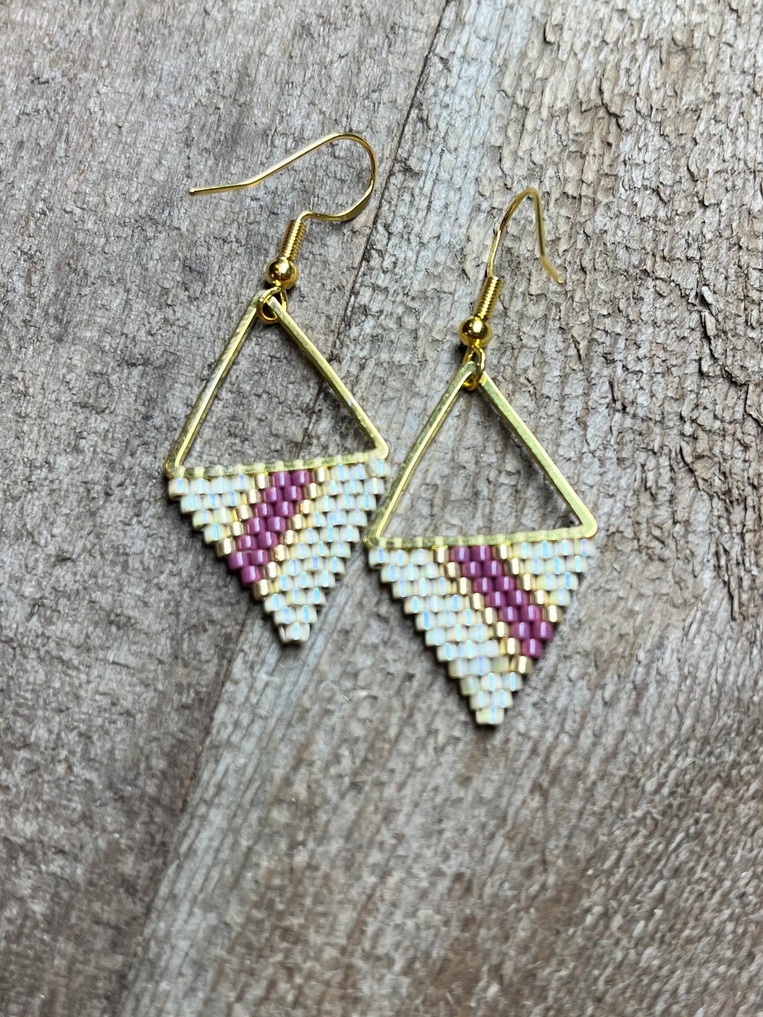 Beaded Triangle Earrings. Color: Tan, Raspberry,gold Handmade in the ...