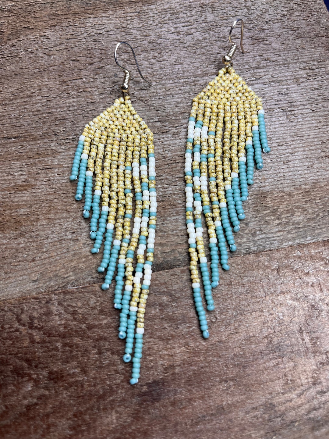 Beaded Fringe Earrings From 'wing Collection. Color: Tan/turquoise ...