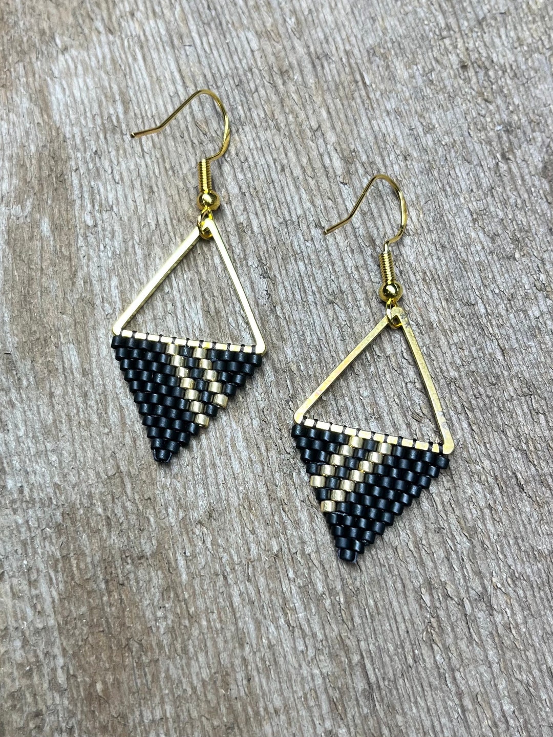 Beaded Triangle Earrings. Color: Black,gold; Handmade in the USA - Etsy