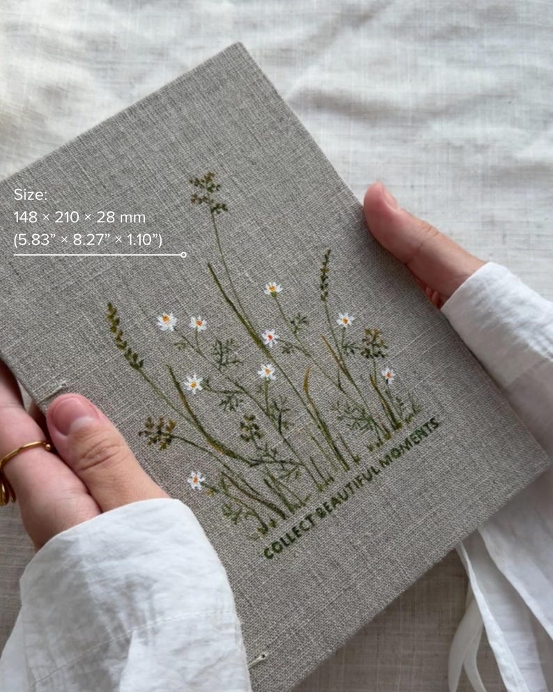 Handmade Linen Book, A5 Journal, Floral Acrylic Art, Coptic Stitch ...