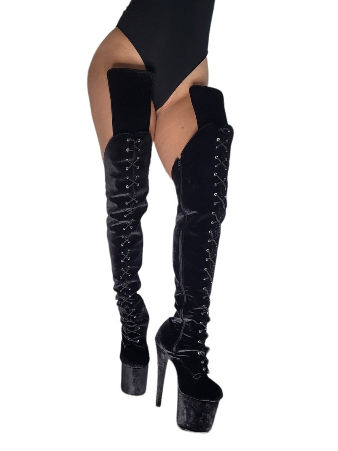 Black Velvet Thigh High Platform Boots. 20cm 8 Inch Heels - Etsy