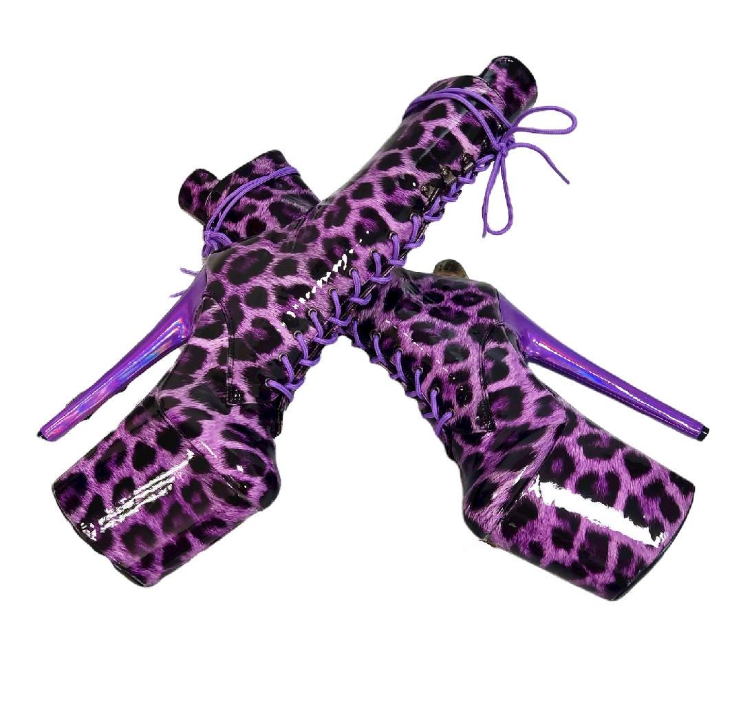 Purple Leopard Patent Print Platform Boots. Vegan Leather 8 Inch. - Etsy