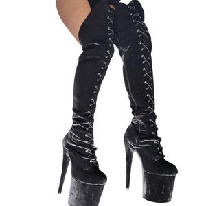 Black Velvet Thigh High Platform Boots. 20cm 8 Inch Heels. Drag Pole ...