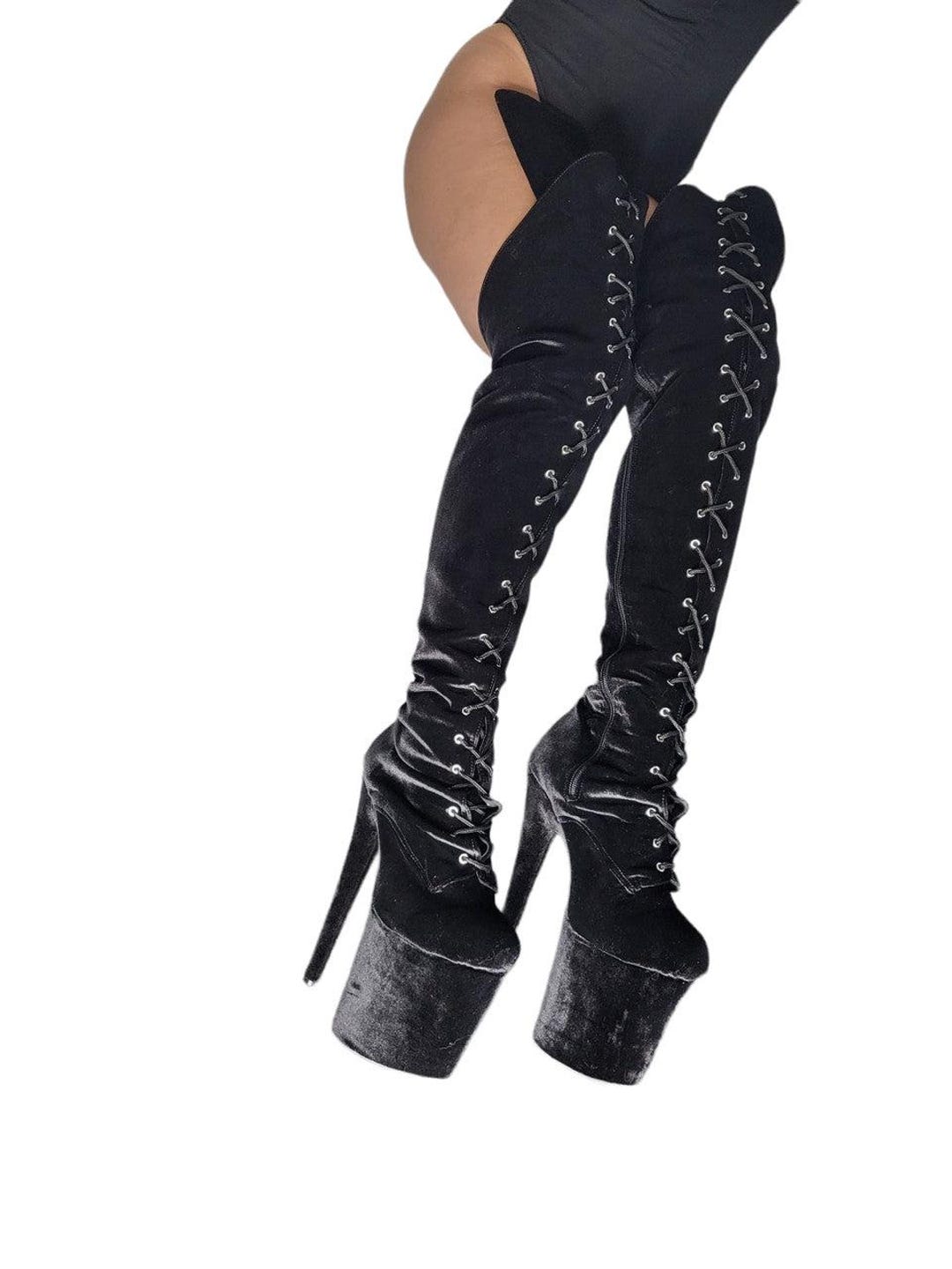 Black Velvet Thigh High Platform Boots. 20cm 8 Inch Heels. Drag Pole ...
