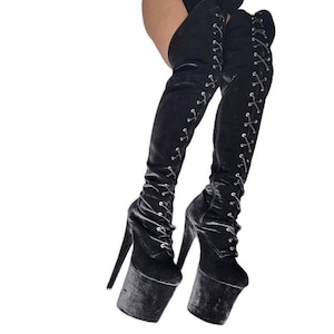 Black Velvet Thigh High Platform Boots. 20cm 8 Inch Heels. Drag Pole ...