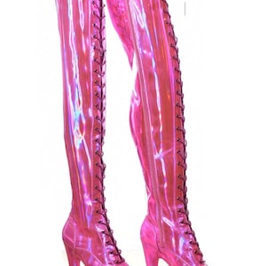 Pearlescent Pink Thigh High Platform Boots. 20cm 8 Inch Heels. Dragpole ...