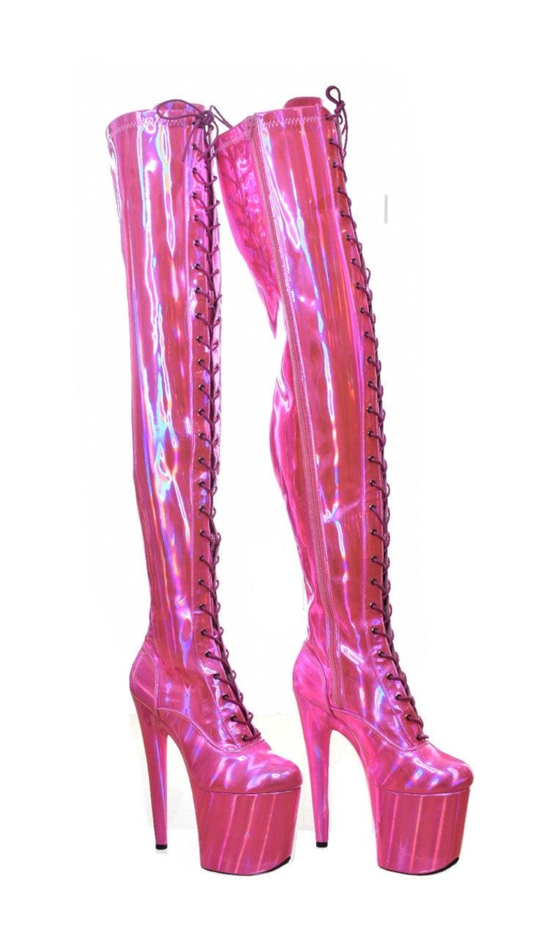 Pearlescent Pink Thigh High Platform Boots. 20cm 8 Inch Heels. Dragpole ...