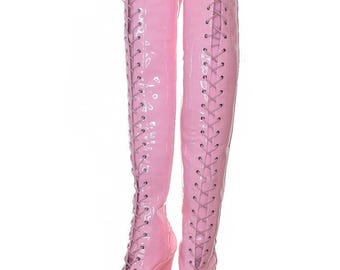 Pearlescent Pink Thigh High Platform Boots. 20cm 8 Inch Heels. Dragpole ...