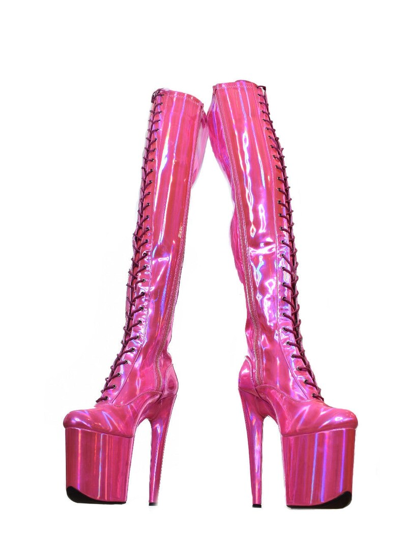 Barbz Pearlescent Pink Thigh High Platform Boots. 20cm 8 Inch Heels ...