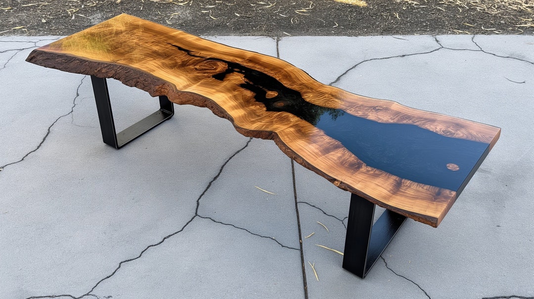 River Bench Walnut, Maple Raw Edge Slab With Black Epoxy - Etsy