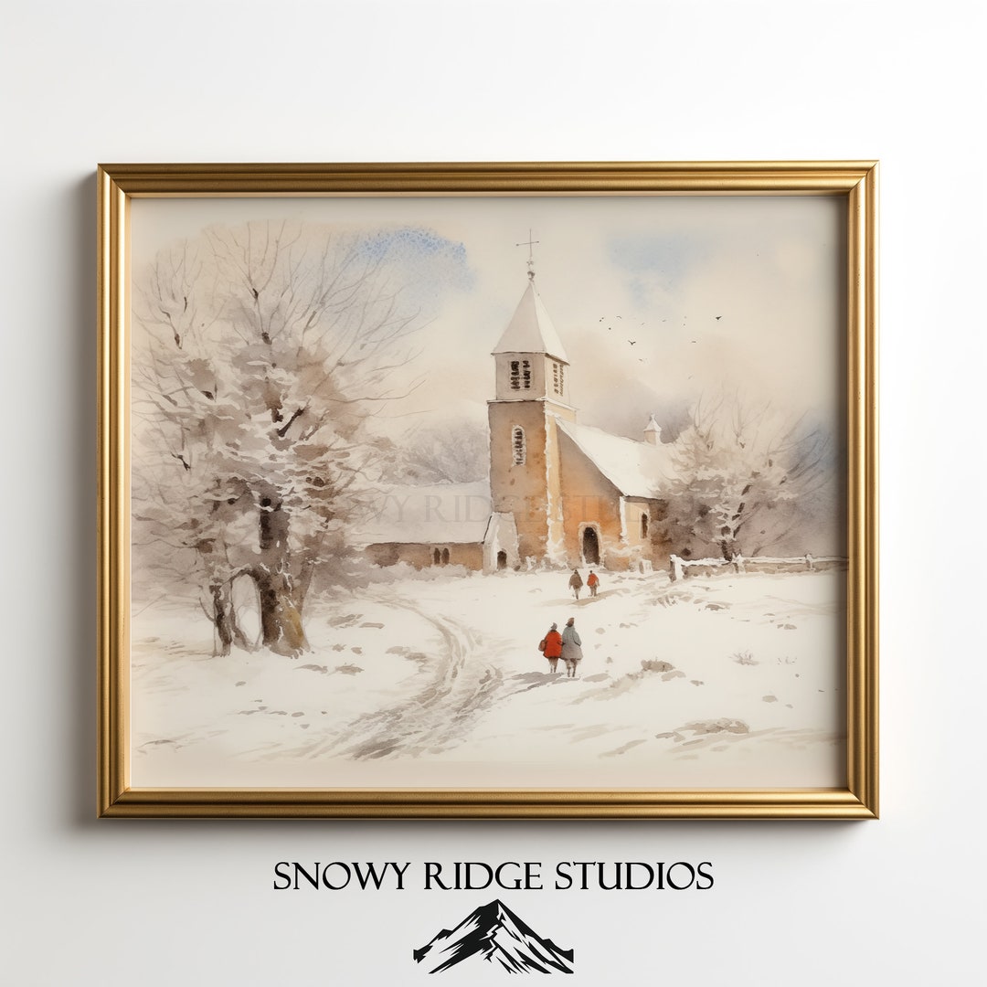 Vintage Snowy Church in Watercolor I Church in Snow Wall Art I White ...